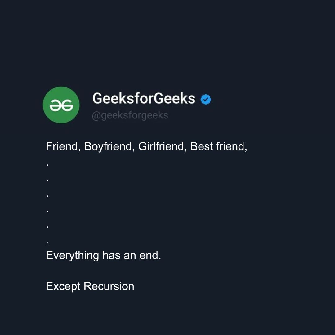 GeeksforGeeks on LinkedIn: #programming #programminglife # ... GeeksforGeeks on LinkedIn: #programming #programminglife # ...
