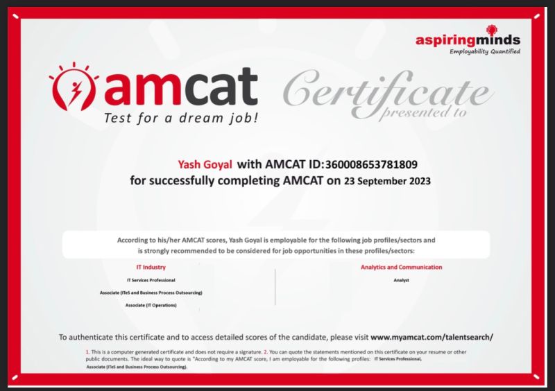Yash Goyal on LinkedIn: AMCAT Qualification Certificate 🚀 | Opening ... Yash Goyal on LinkedIn: AMCAT Qualification Certificate 🚀 | Opening ...