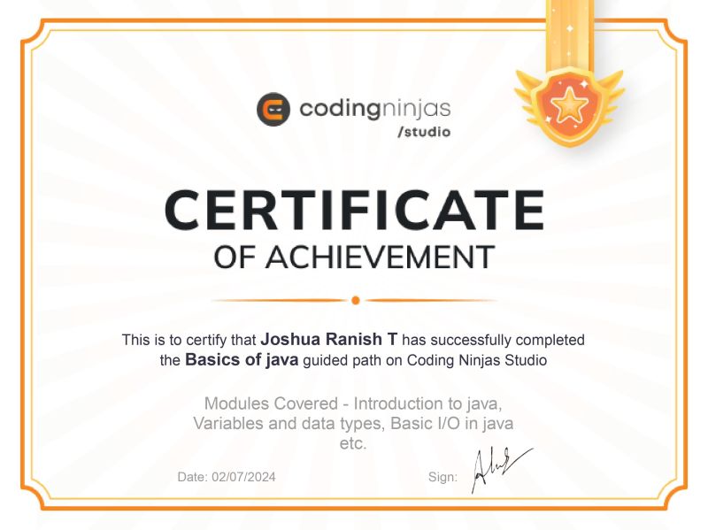 🌟 Completed Java Programming course on Coding Ninjas! | Joshua Ranish T ... 🌟 Completed Java Programming course on Coding Ninjas! | Joshua Ranish T ...