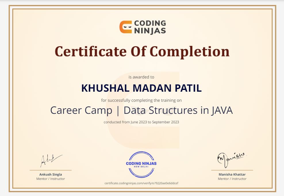 Khushal Patil on LinkedIn: completed DSA in java certification Khushal Patil on LinkedIn: completed DSA in java certification