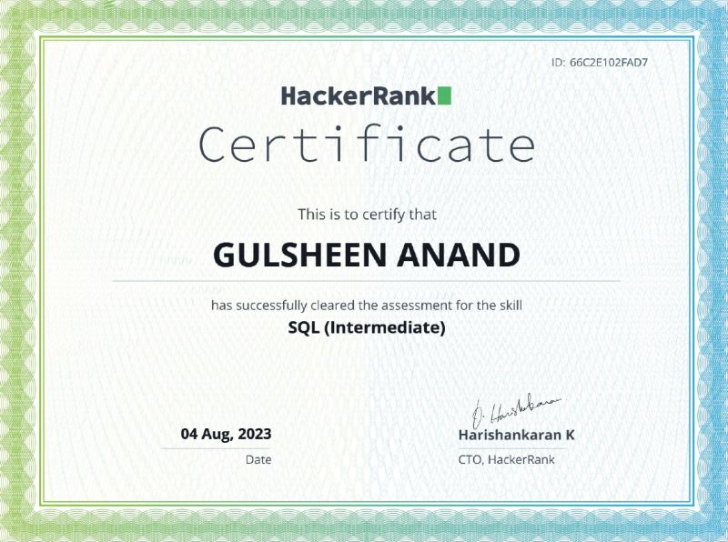 Gulsheen Anand on LinkedIn: #hackerrank #sql #certification # ... Gulsheen Anand on LinkedIn: #hackerrank #sql #certification # ...