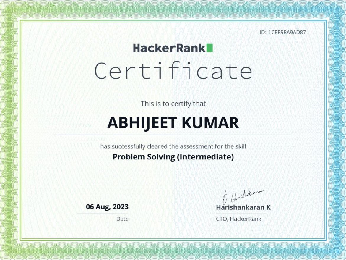 Abhijeet Kumar on LinkedIn: #hackerrank #problemsolving #certificate Abhijeet Kumar on LinkedIn: #hackerrank #problemsolving #certificate