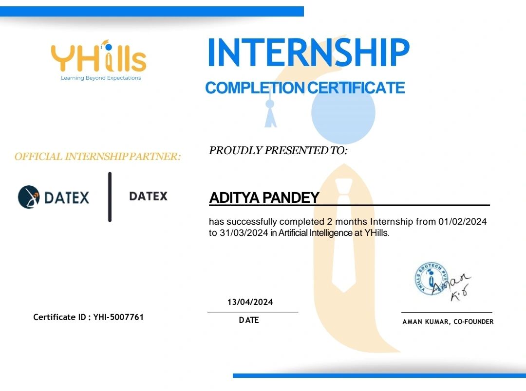 Aditya Pandey on LinkedIn: #internship #artificial #yhills Aditya Pandey on LinkedIn: #internship #artificial #yhills