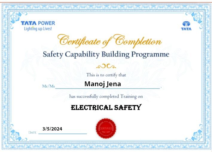MANOJ KUMAR JENA on LinkedIn: Successfully completed Electrical safety ... MANOJ KUMAR JENA on LinkedIn: Successfully completed Electrical safety ...