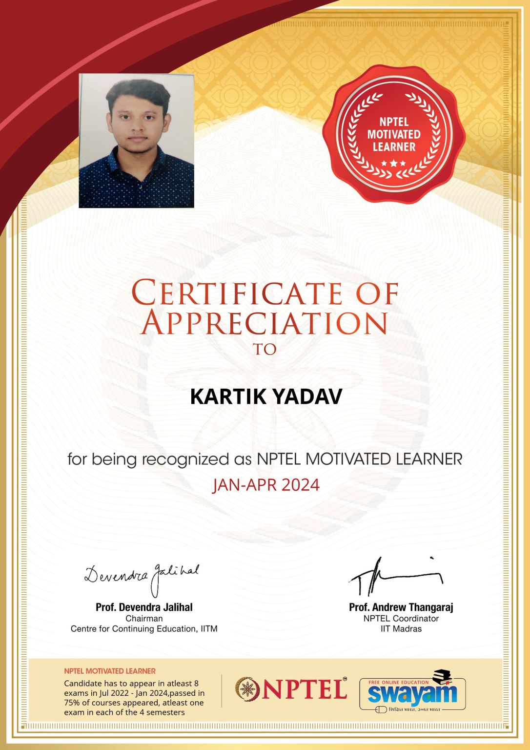 Kartik Yadav on LinkedIn: #nptel #motivatedlearner #continuouslearning ... Kartik Yadav on LinkedIn: #nptel #motivatedlearner #continuouslearning ...