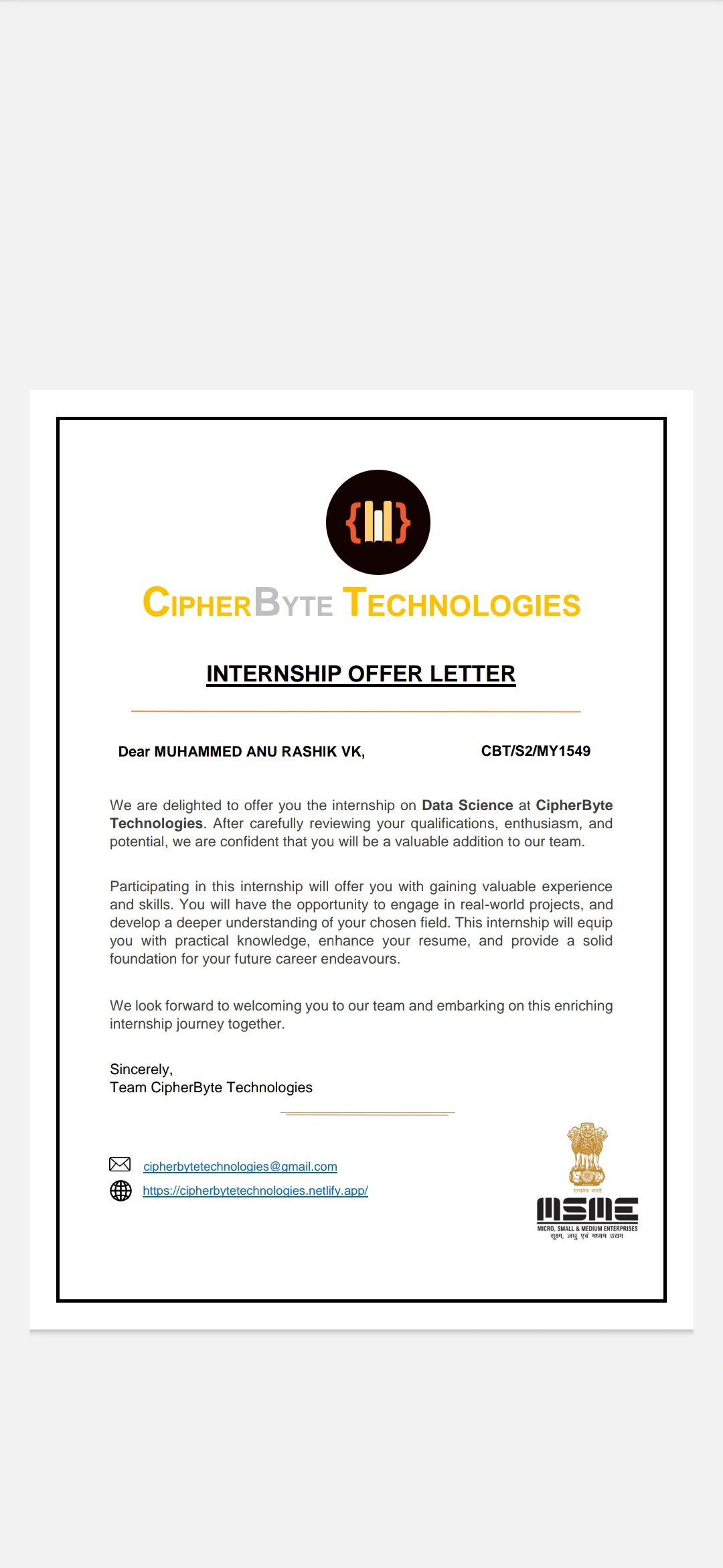 Anu Rashik on LinkedIn: CipherByte Technologies internship offer letter Anu Rashik on LinkedIn: CipherByte Technologies internship offer letter