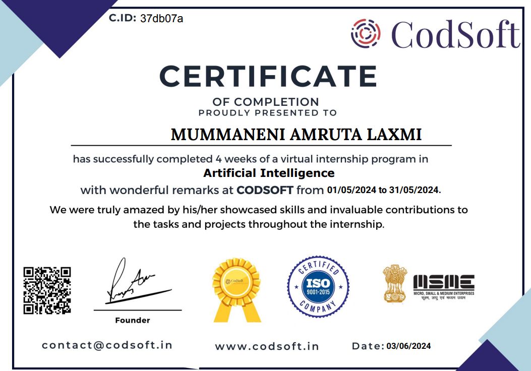 AMRUTA LAXMI MUMMANENI on LinkedIn: #codsoft #ai AMRUTA LAXMI MUMMANENI on LinkedIn: #codsoft #ai
