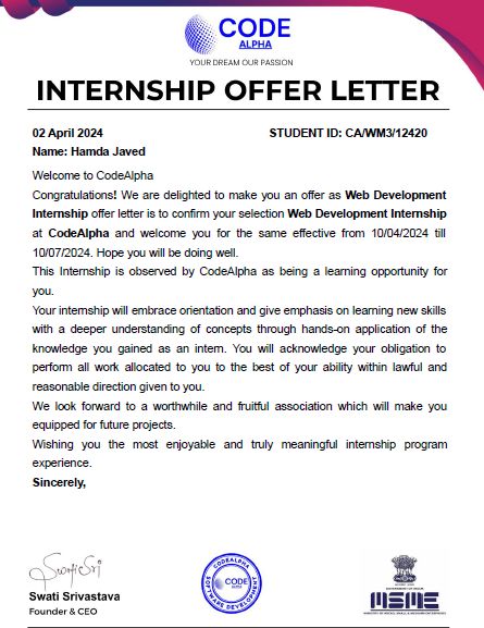 Hamda Javed on LinkedIn: #internship #webdeveloper #excited #codealpha ... Hamda Javed on LinkedIn: #internship #webdeveloper #excited #codealpha ...