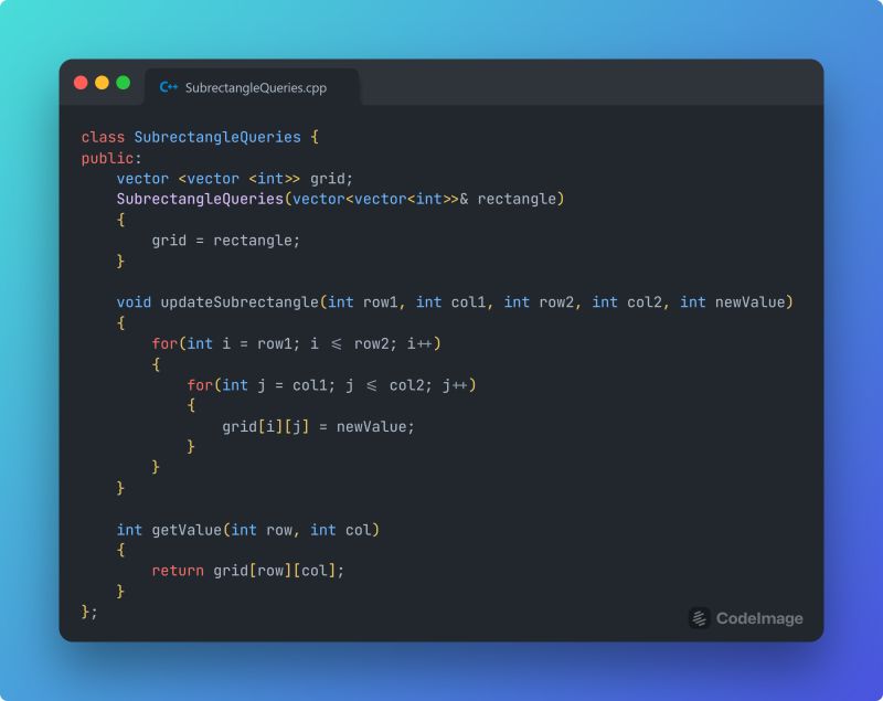 Day 52 of 100 days of Coding Challenge: Subrectangle Queries | Upamanyu ... Day 52 of 100 days of Coding Challenge: Subrectangle Queries | Upamanyu ...