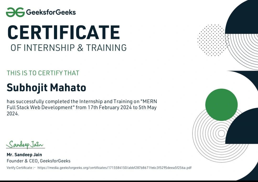 Subhojit Mahato on LinkedIn: #internship #mern #fullstackdeveloper # ... Subhojit Mahato on LinkedIn: #internship #mern #fullstackdeveloper # ...