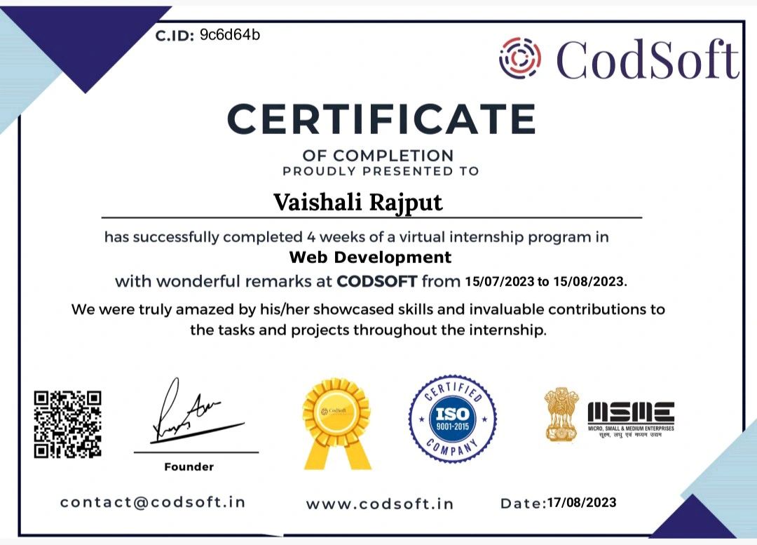 Vaishali Rajput on LinkedIn: #internship #webdevelopment #codsoft # ... Vaishali Rajput on LinkedIn: #internship #webdevelopment #codsoft # ...