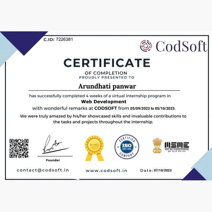 Arundhati Panwar on LinkedIn: #webdevelopment #internship #codsoft Arundhati Panwar on LinkedIn: #webdevelopment #internship #codsoft