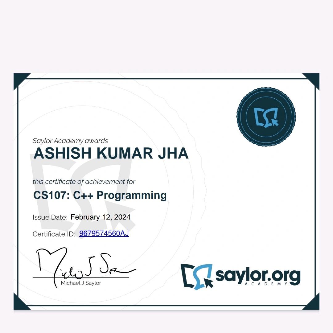 Ashish kumar Jha on LinkedIn: COMPLETED C++ Programming 🥳🎉 Ashish kumar Jha on LinkedIn: COMPLETED C++ Programming 🥳🎉