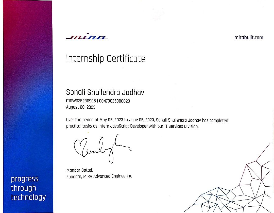 Sonali Jadhav on LinkedIn: #internshipcompleted #javascript #reactjs # ... Sonali Jadhav on LinkedIn: #internshipcompleted #javascript #reactjs # ...