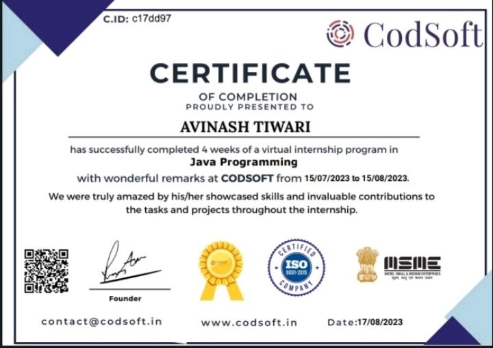 Avinash Tiwari on LinkedIn: #java #internship #codsoft # ... Avinash Tiwari on LinkedIn: #java #internship #codsoft # ...