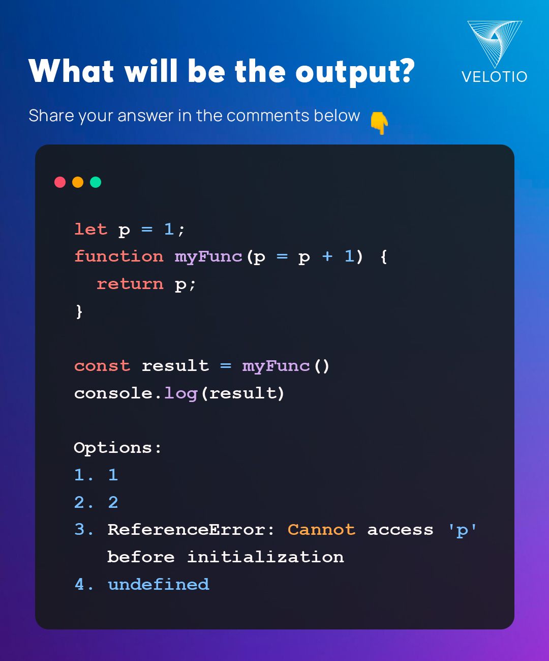 Velotio Technologies on LinkedIn: #javascript #javascript #techquiz # ... Velotio Technologies on LinkedIn: #javascript #javascript #techquiz # ...