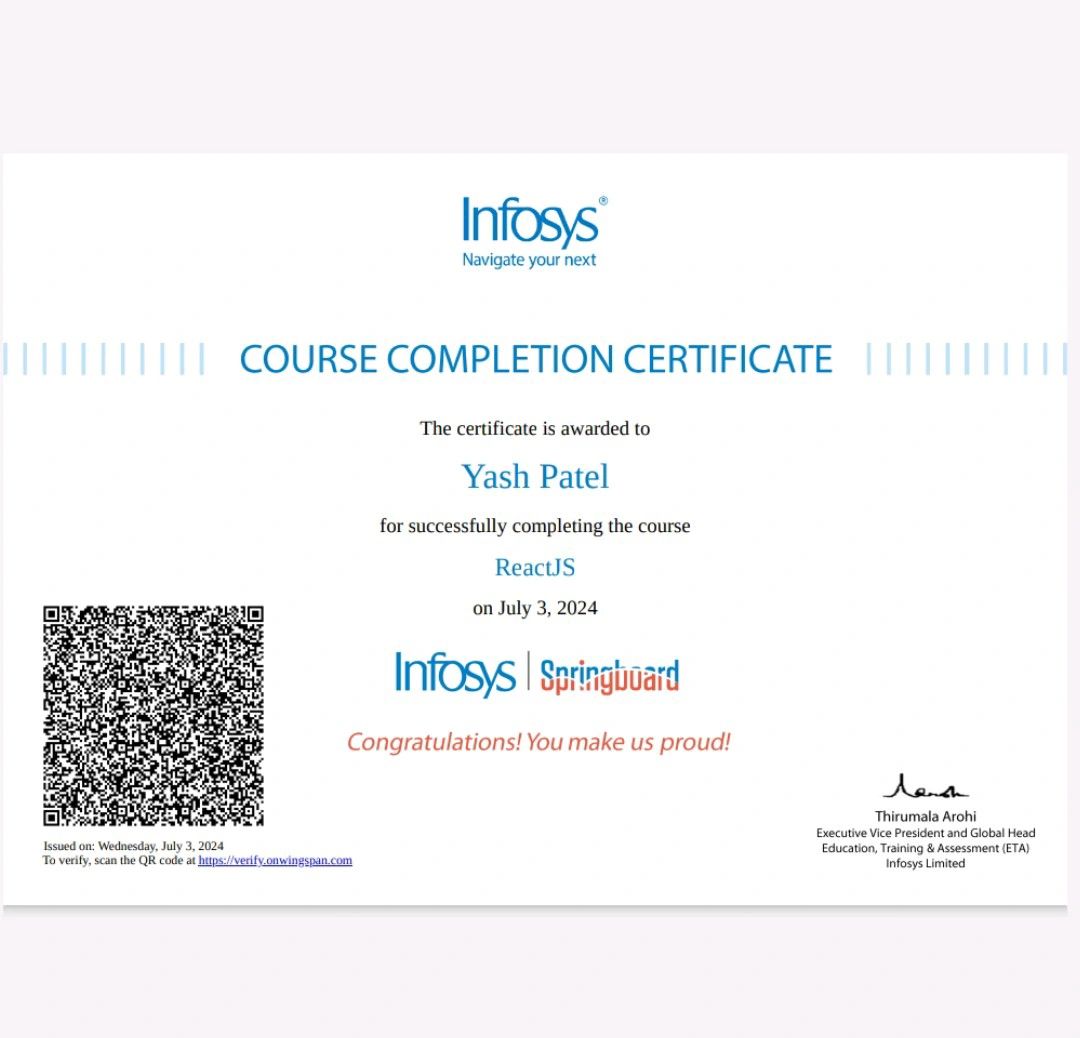 Yash Patel on LinkedIn: #reactjs #infosys #continuouslearning # ... Yash Patel on LinkedIn: #reactjs #infosys #continuouslearning # ...