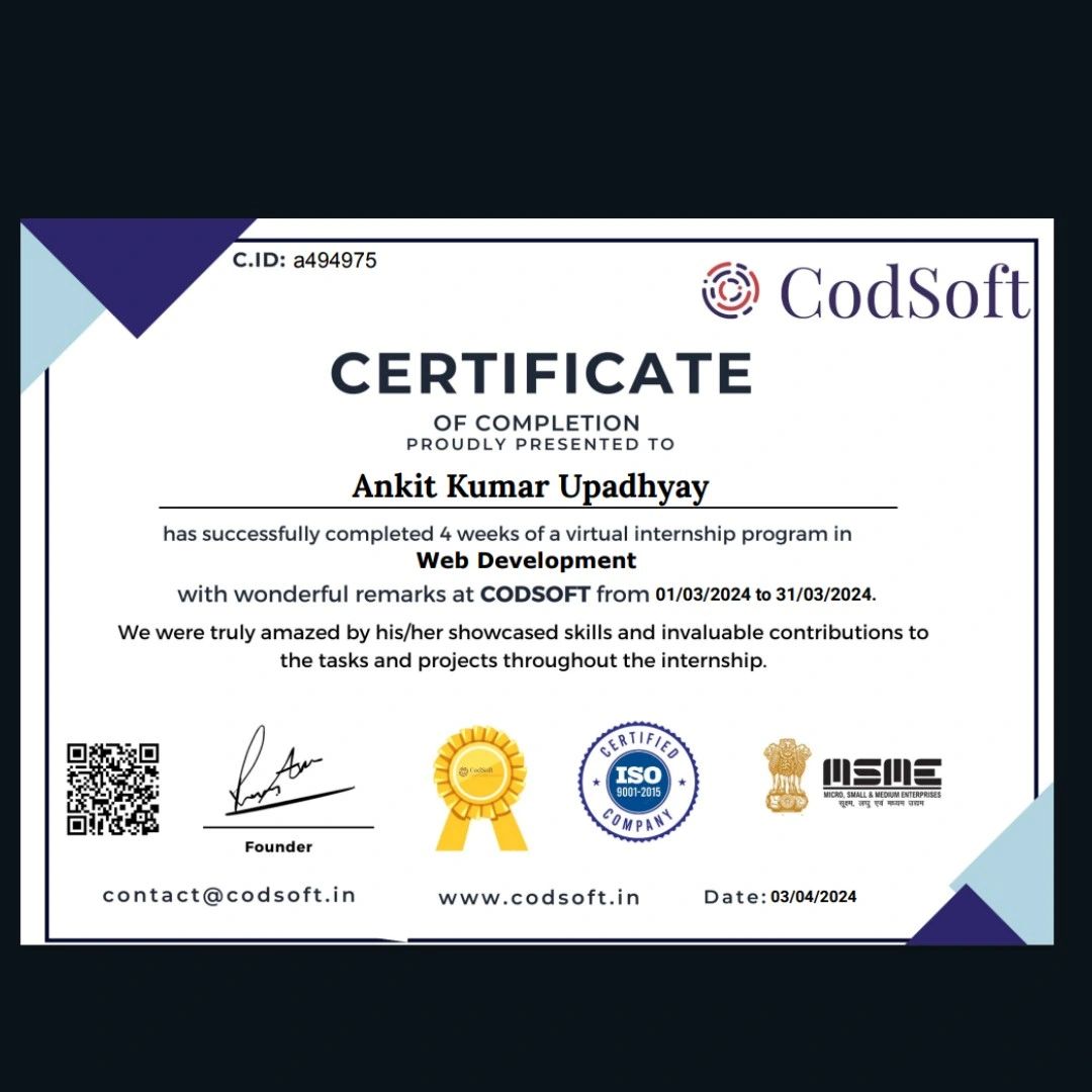 Ankit kumar Upadhyay on LinkedIn: #webdeveloper #codsoft # ... Ankit kumar Upadhyay on LinkedIn: #webdeveloper #codsoft # ...