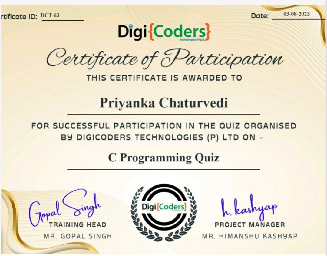 Priyanka Chaturvedi on LinkedIn: #digicoder #certificate #cprogramming Priyanka Chaturvedi on LinkedIn: #digicoder #certificate #cprogramming