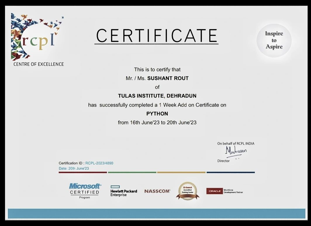 Sushant Rout on LinkedIn: #python #development #certified Sushant Rout on LinkedIn: #python #development #certified