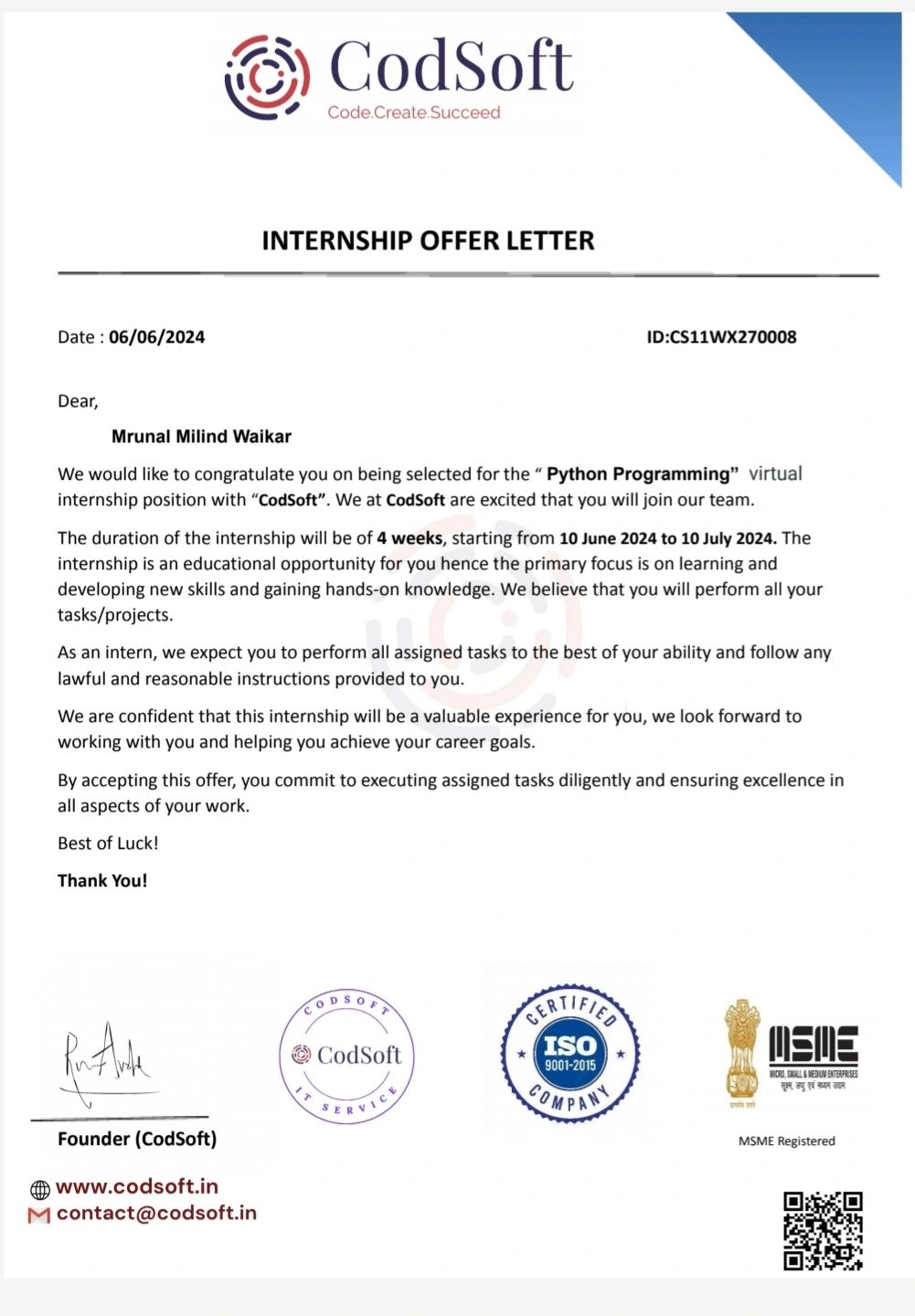 Mrunal Waikar on LinkedIn: #codsoft #internship #python #programming Mrunal Waikar on LinkedIn: #codsoft #internship #python #programming