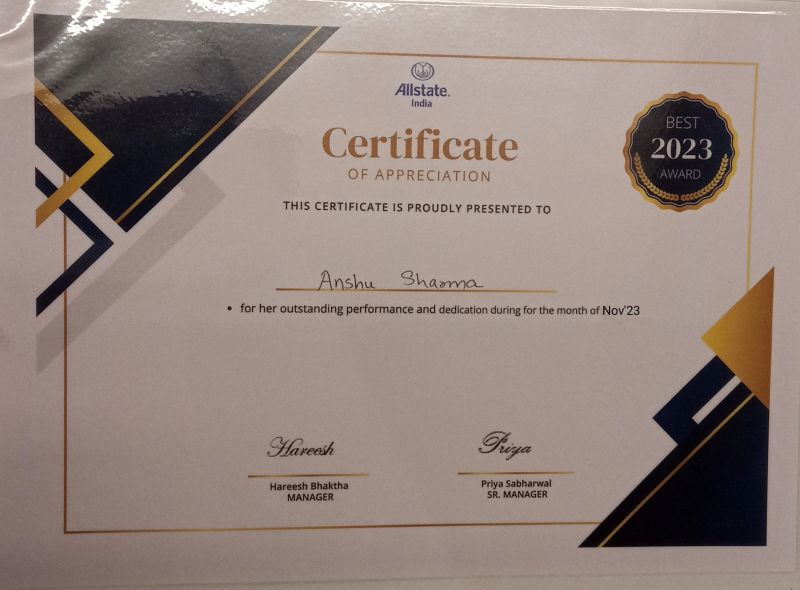 Anshu Sharma on LinkedIn: #recognition #allstateindia #teamwork Anshu Sharma on LinkedIn: #recognition #allstateindia #teamwork