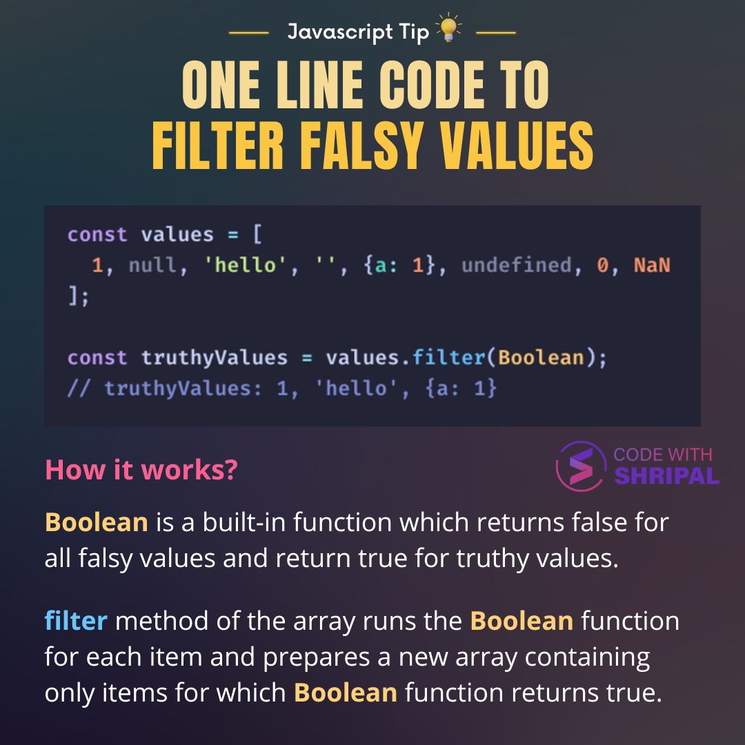 Shripal Soni on LinkedIn: Javascript Tip 💡 Easily filter out all the ... Shripal Soni on LinkedIn: Javascript Tip 💡 Easily filter out all the ...