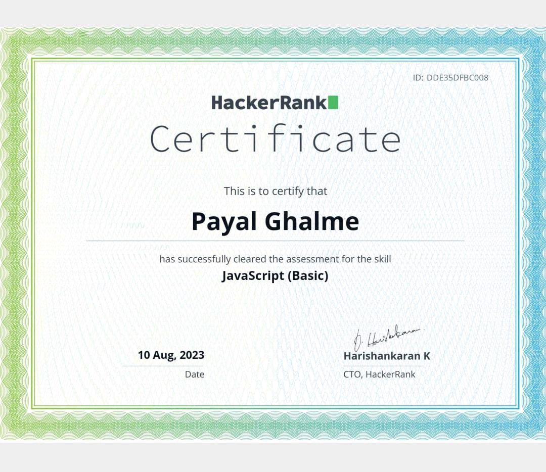 Payal Ghalme on LinkedIn: #hackerrank #hackerrankcertified #javascript ... Payal Ghalme on LinkedIn: #hackerrank #hackerrankcertified #javascript ...
