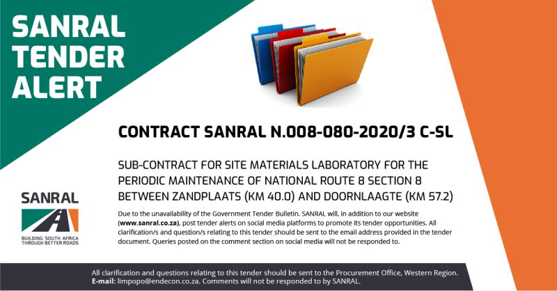 SANRAL on LinkedIn: SANRAL TENDER ALERT Number: N.008-080-2020/3 C-SL ... SANRAL on LinkedIn: SANRAL TENDER ALERT Number: N.008-080-2020/3 C-SL ...