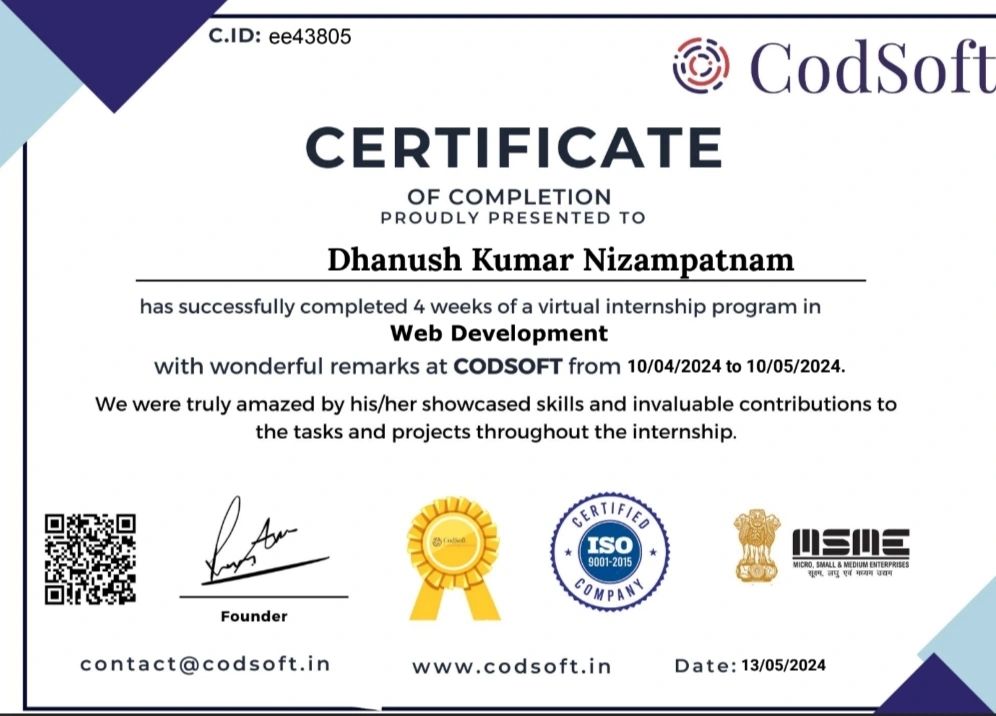 DHANUSH KUMAR on LinkedIn: #codsoft #webdevelopment #internship #codsoft DHANUSH KUMAR on LinkedIn: #codsoft #webdevelopment #internship #codsoft