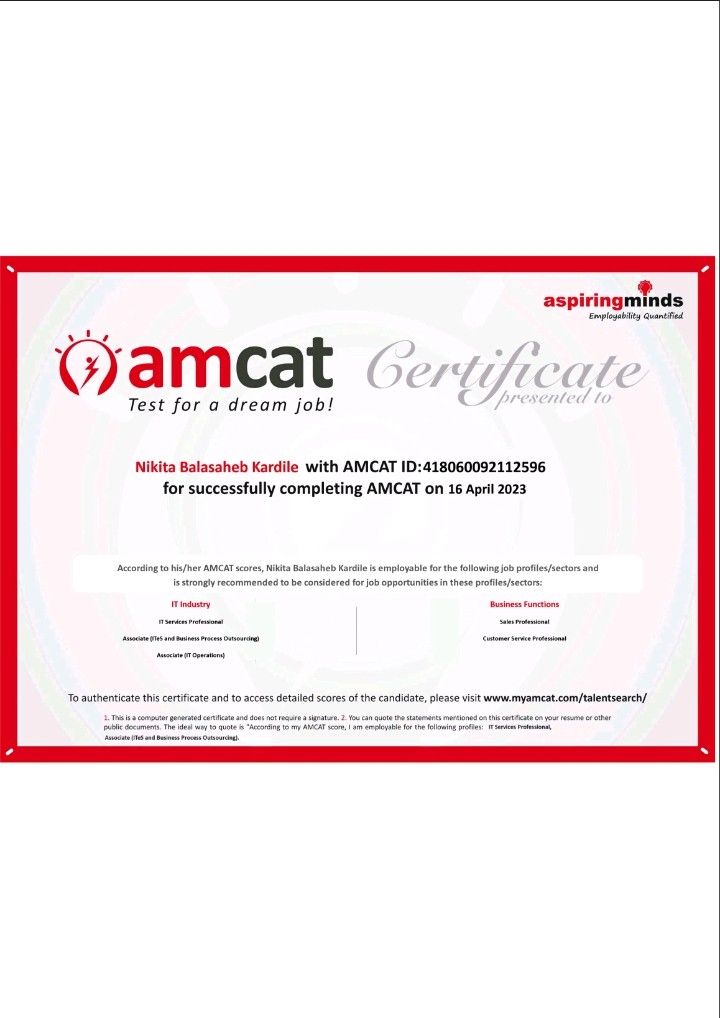 Kardile Nikita pe LinkedIn: AMCAT exam certificate Kardile Nikita pe LinkedIn: AMCAT exam certificate