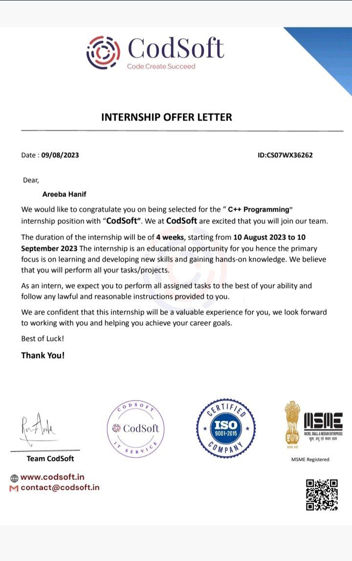 Areeba Hanif on LinkedIn: #offerletter #codsoft #programming Areeba Hanif on LinkedIn: #offerletter #codsoft #programming
