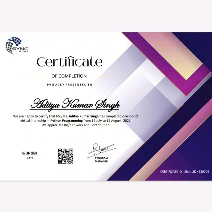Aditya Kumar Singh on LinkedIn: #internship #syncinterns #python # ... Aditya Kumar Singh on LinkedIn: #internship #syncinterns #python # ...
