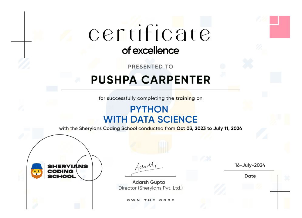 Pushpa Carpenter on LinkedIn: #python #datascience #certified # ... Pushpa Carpenter on LinkedIn: #python #datascience #certified # ...
