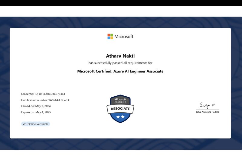 Earned Microsoft Certified: Azure AI Engineer Associate | Atharv Nakti ... Earned Microsoft Certified: Azure AI Engineer Associate | Atharv Nakti ...