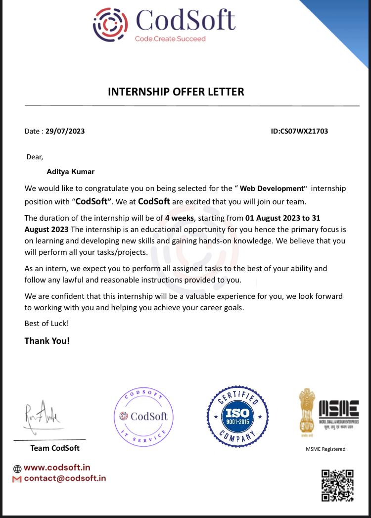 Aditya Kumar on LinkedIn: #codsoft #training #startup #mnccompany # ... Aditya Kumar on LinkedIn: #codsoft #training #startup #mnccompany # ...