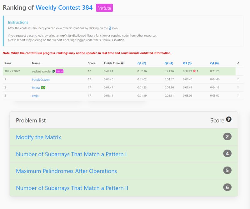 Vedant Rawale on LinkedIn: #leetcode #weeklycontest384 #leetcodecontest ... Vedant Rawale on LinkedIn: #leetcode #weeklycontest384 #leetcodecontest ...