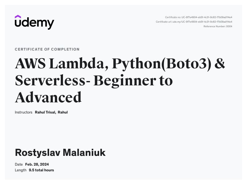 Rostyslav Malaniuk on LinkedIn: Completed the course AWS Lambda, Python ... Rostyslav Malaniuk on LinkedIn: Completed the course AWS Lambda, Python ...
