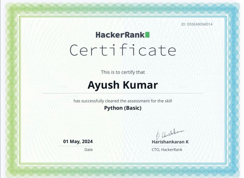 Ayush Kumar on LinkedIn: #python #hackerrank #certification Ayush Kumar on LinkedIn: #python #hackerrank #certification