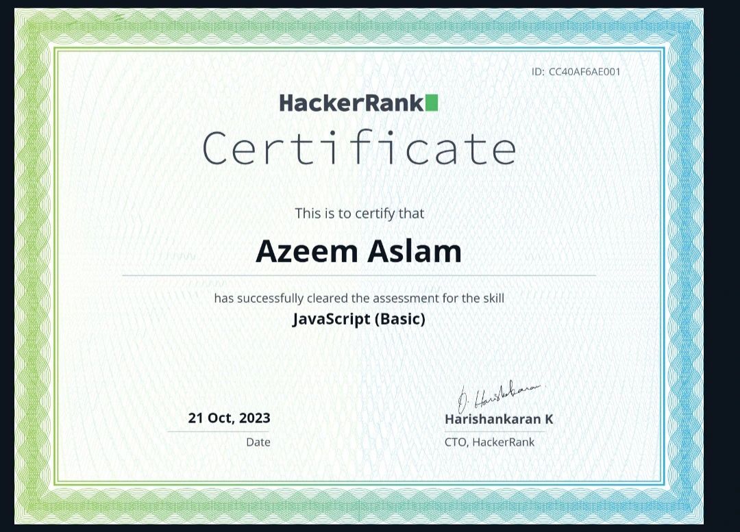 Passed HackerRank JavaScript challenge! | Azeem Aslam posted on the ... Passed HackerRank JavaScript challenge! | Azeem Aslam posted on the ...