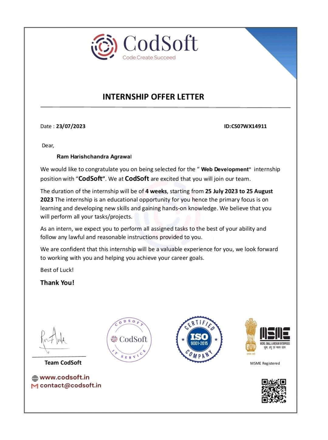 ram Agrawal on LinkedIn: #internship #codsoft #thankful ram Agrawal on LinkedIn: #internship #codsoft #thankful