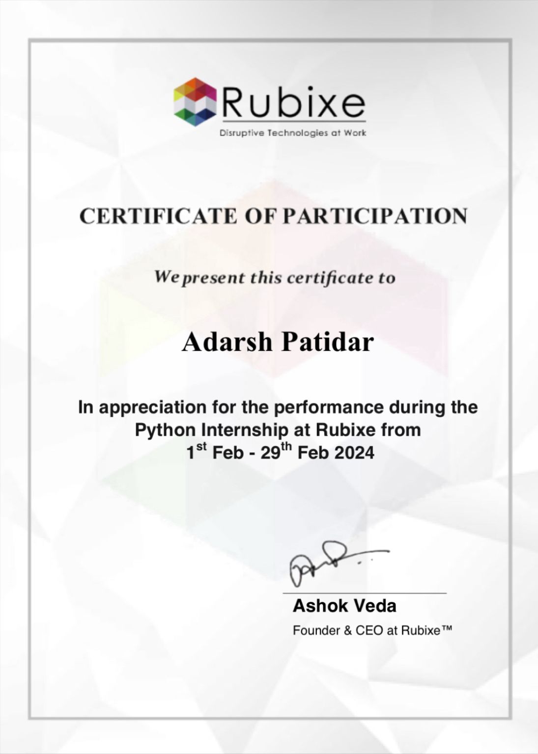Adarsh Patidar on LinkedIn: #rubixe #intern #program #ai #engineering Adarsh Patidar on LinkedIn: #rubixe #intern #program #ai #engineering
