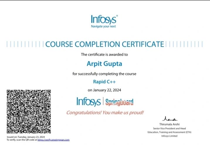 Arpit Gupta on LinkedIn: #infosys #infosysspringboard #rapidc Arpit Gupta on LinkedIn: #infosys #infosysspringboard #rapidc