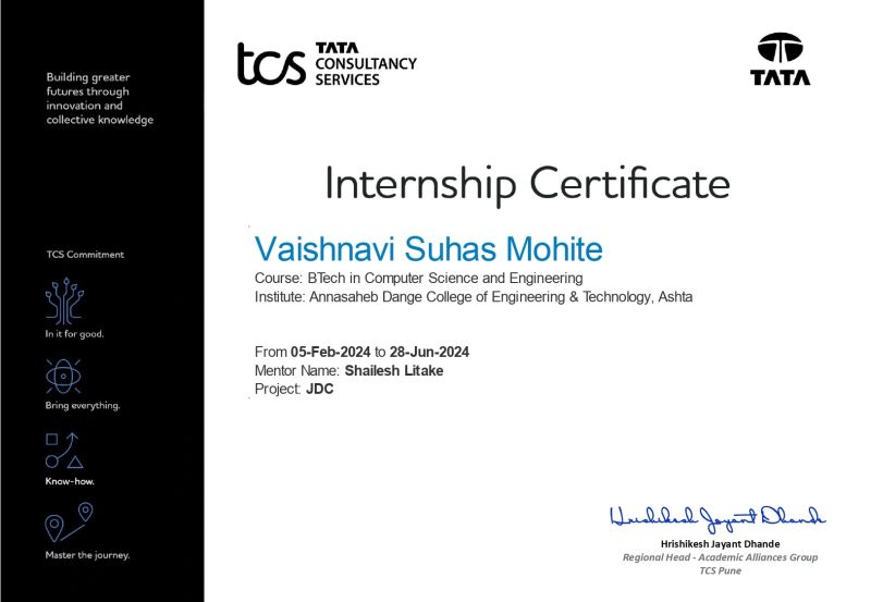 Vaishnavi Mohite on LinkedIn: #internship #tcs #techskills # ... Vaishnavi Mohite on LinkedIn: #internship #tcs #techskills # ...