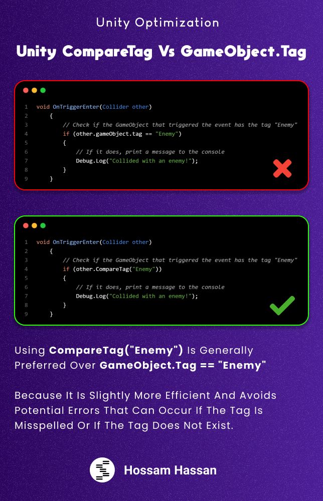 Hossam Hassan on LinkedIn: CompareTag Vs gameObject.tag In Unity Hossam Hassan on LinkedIn: CompareTag Vs gameObject.tag In Unity