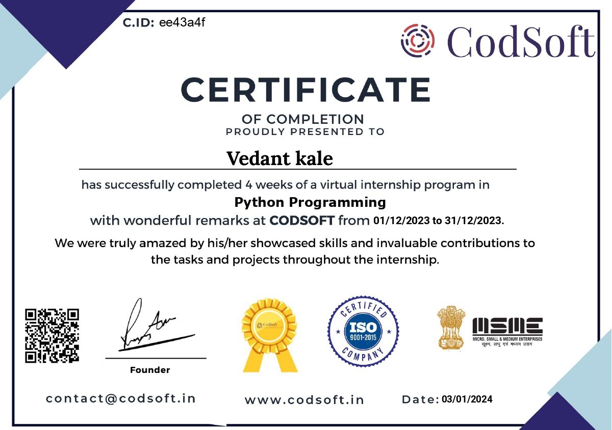 Vedant Kale on LinkedIn: #pythonprogramming #internshipcompletion Vedant Kale on LinkedIn: #pythonprogramming #internshipcompletion