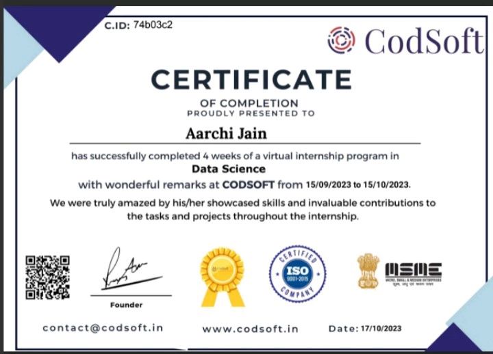 Aarchi Jain on LinkedIn: #codsoft #datascience #internship Aarchi Jain on LinkedIn: #codsoft #datascience #internship