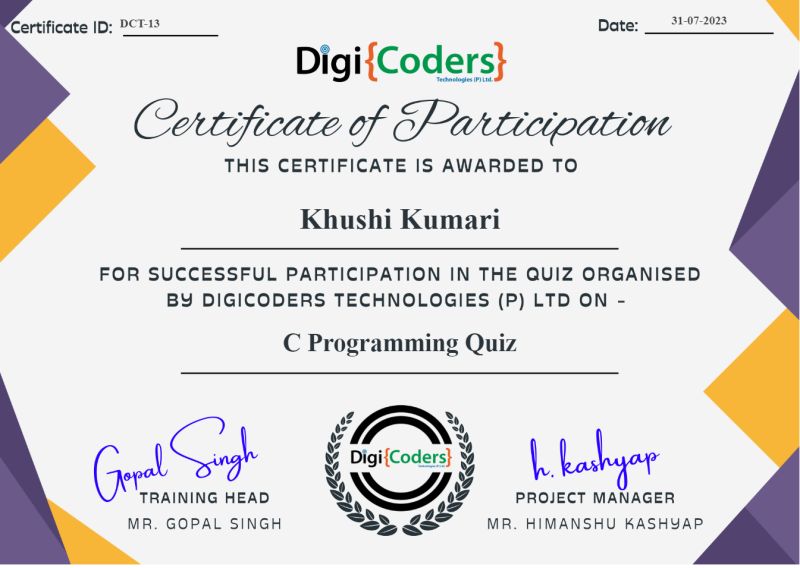 Khushi verma on LinkedIn: Certification of C quiz Khushi verma on LinkedIn: Certification of C quiz