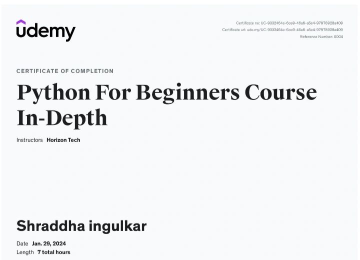 Shraddha Ingulkar on LinkedIn: Completed Python programming course ... Shraddha Ingulkar on LinkedIn: Completed Python programming course ...