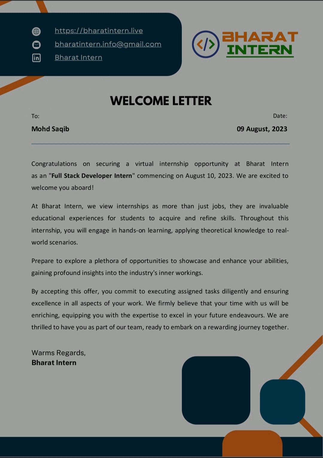 Mohd Saqib on LinkedIn: #newbeginnings #fullstackintern #bharatintern # ... Mohd Saqib on LinkedIn: #newbeginnings #fullstackintern #bharatintern # ...